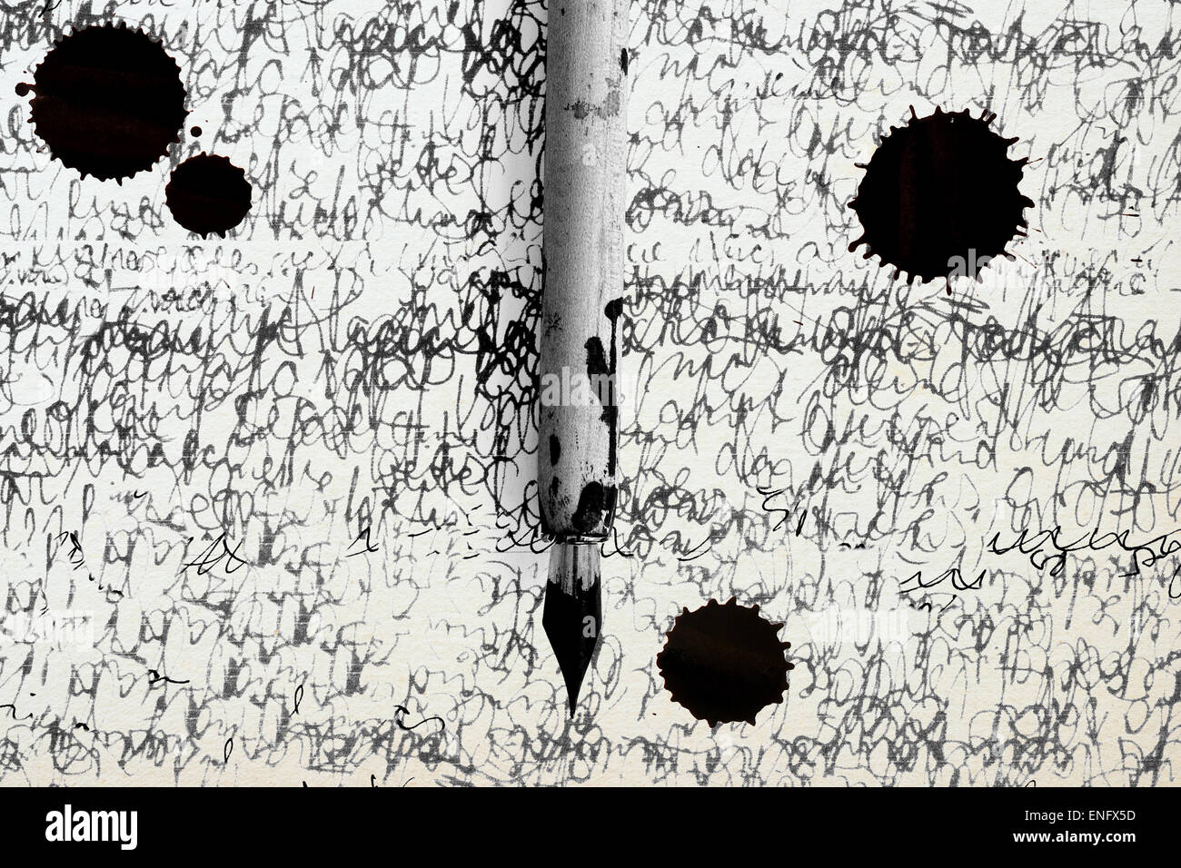 Antique pen on scratched paper and ink spots Stock Photo - Alamy
