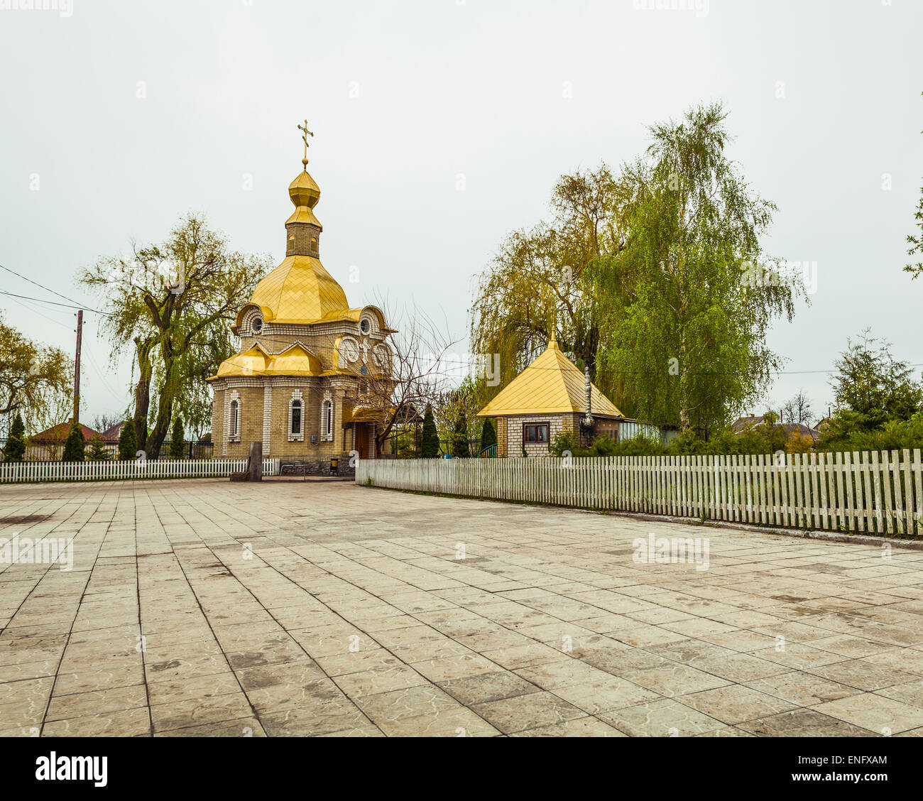 church with gold domes on background of sky Stock Photo - Alamy