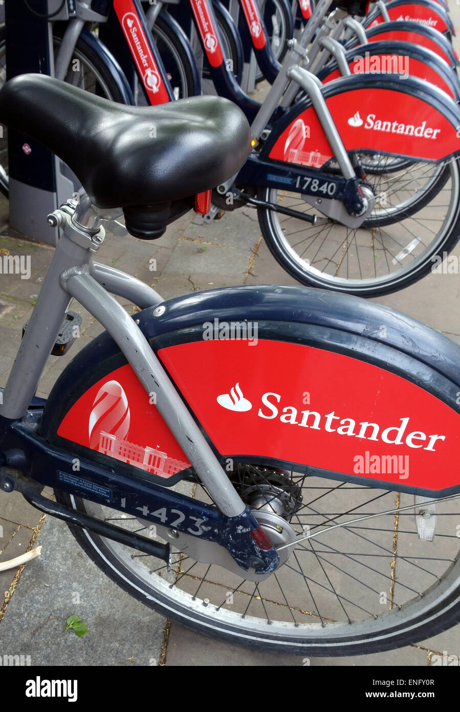 Santander Bank sponsored hire bicycles, London Stock Photo - Alamy