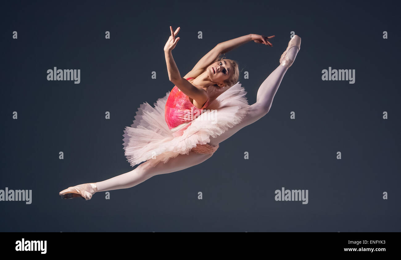 Beautiful female ballet dancer on a grey background. Ballerina is wearing pink tutu and pointe ...