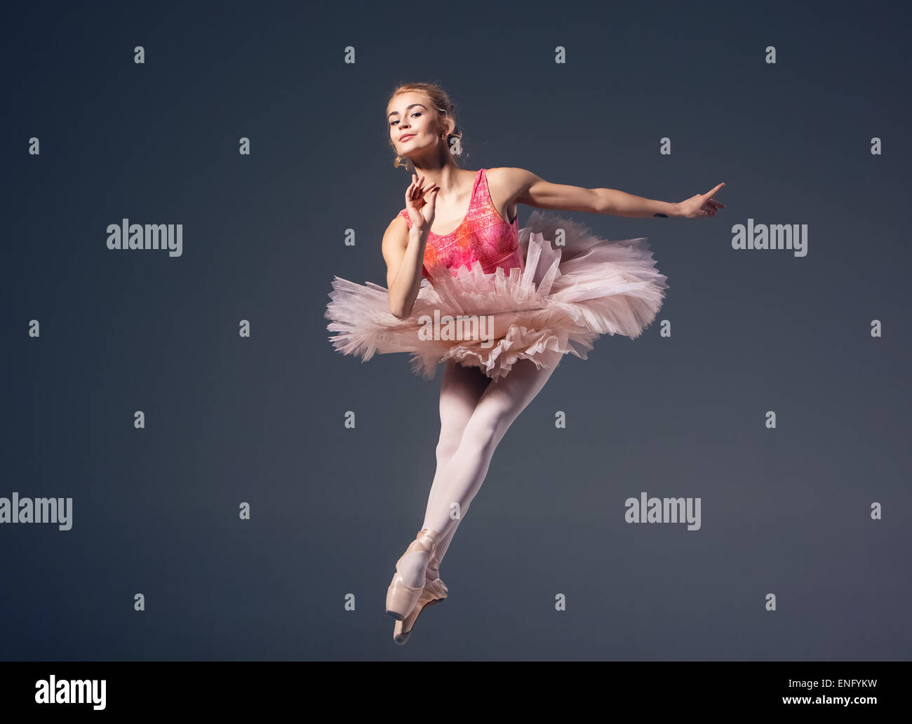 Beautiful female ballet dancer on a grey background. Ballerina is wearing pink tutu and pointe ...
