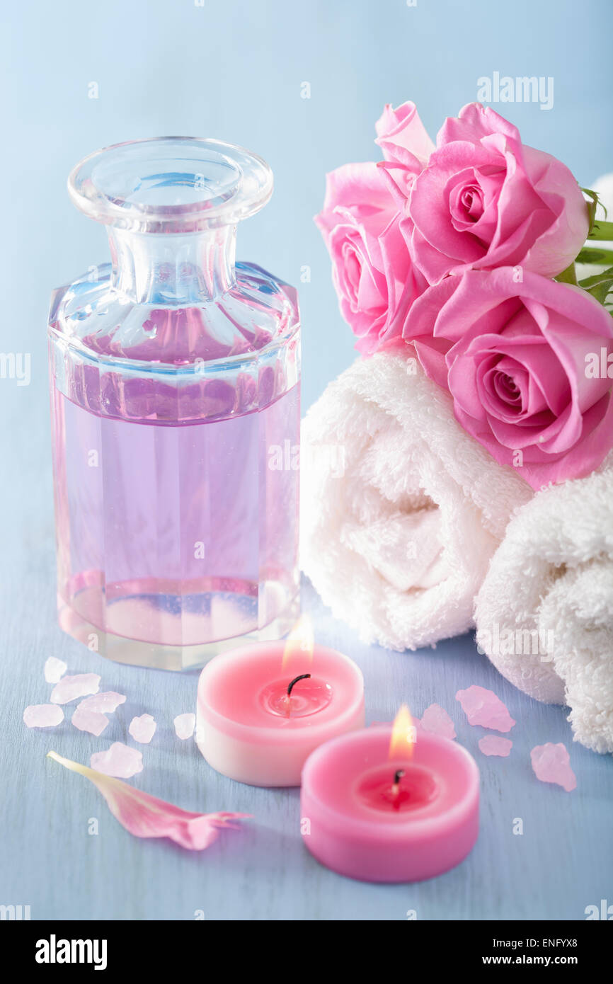 spa aromatherapy with rose flowers perfume and herbal salt Stock Photo ...