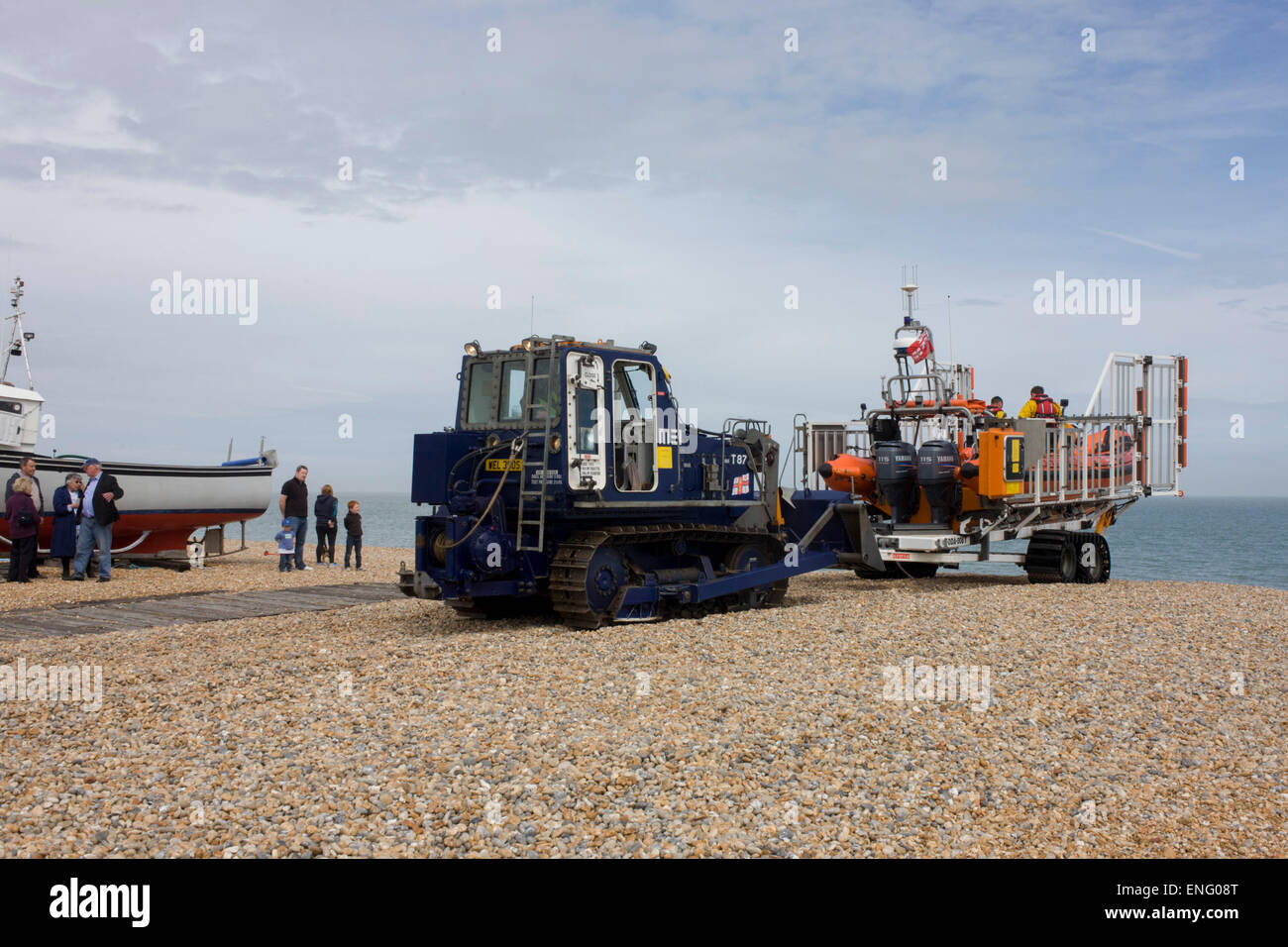 Tractor pulls an Atlantic 85 inshore lifeboat up the shingle at RNLI ...