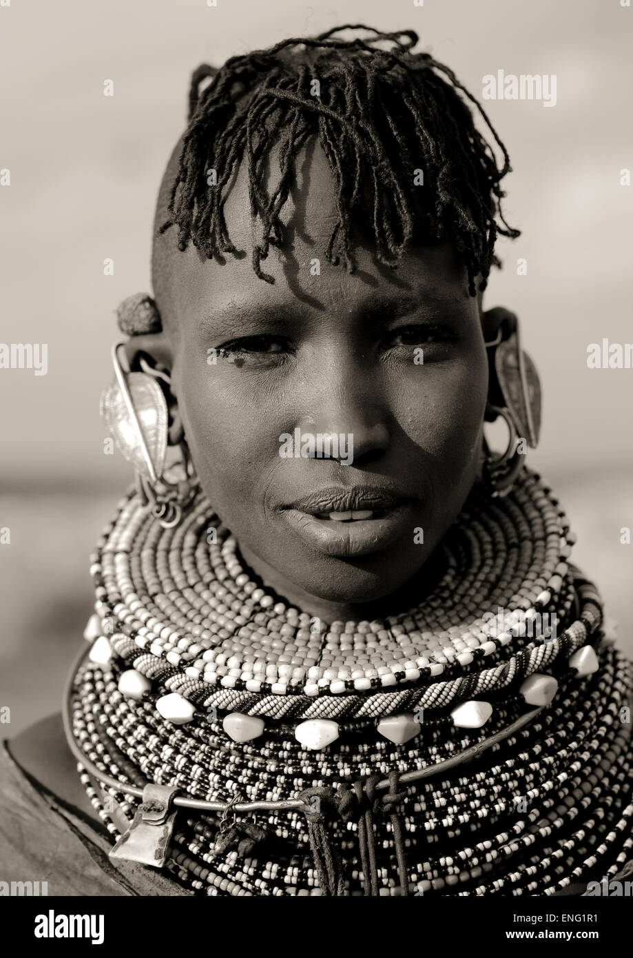 Turkana Tribe Woman With Huge Necklaces And Earrings, Turkana Lake ...