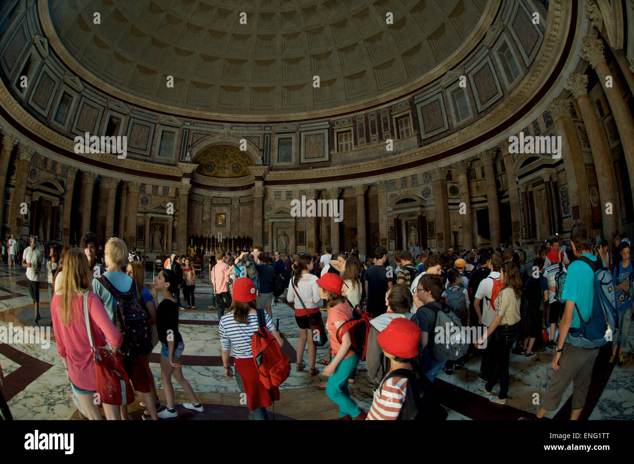 ROME, ITALY - MAY, 2013: Groups of tourists crowd into the Pantheon ...