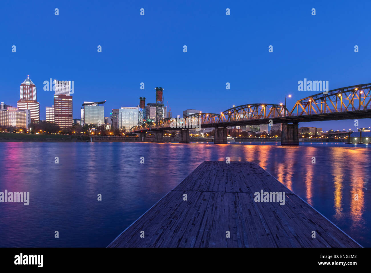 Illuminated buildings in Portland city skyline, Oregon, United States ...