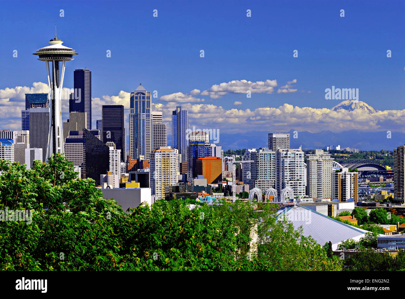 Space Needle and high rise buildings in Seattle city skyline ...