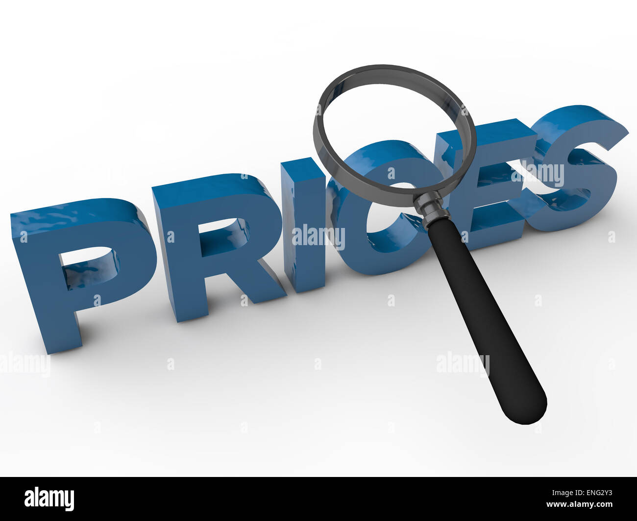 Prices - 3D Text with magnifier over white Background Stock Photo - Alamy