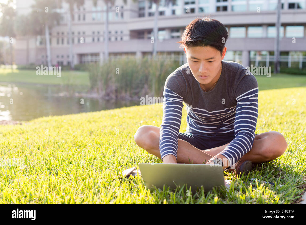 Korean man using laptop in grass Stock Photo - Alamy
