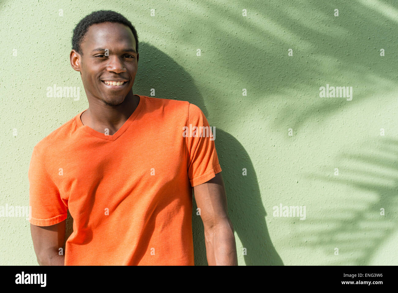Black man standing under palm tree shadow on wall Stock Photo - Alamy