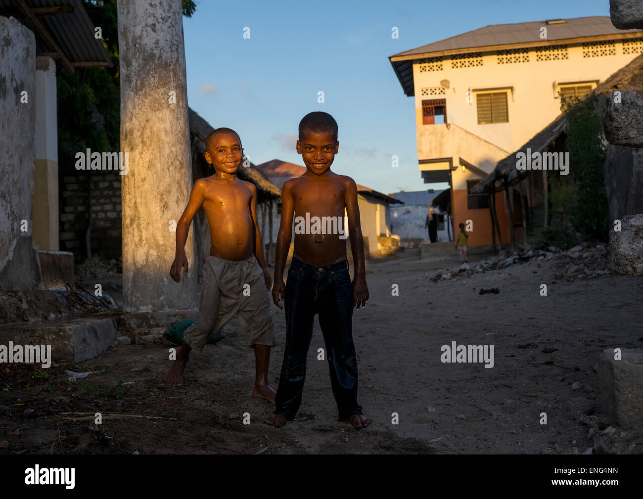 Children Having A Shower In The Street, Lamu County, Matondoni, Kenya ...