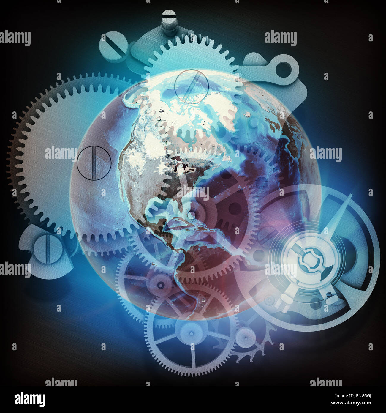 Earth model with watchwork abstract background Stock Photo - Alamy