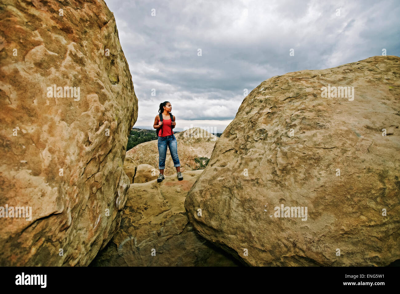 Woman hiker rock holding hi-res stock photography and images - Alamy