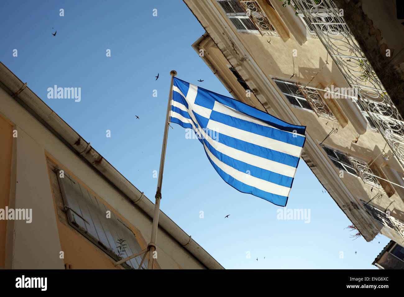 Greek National Flag at the street of Kerkira Town, Corfu Island, Greece ...