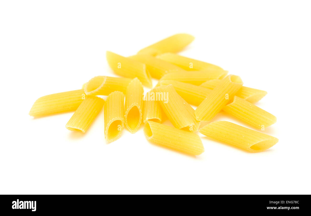 a handful of penne pasta isolated on white background Stock Photo - Alamy