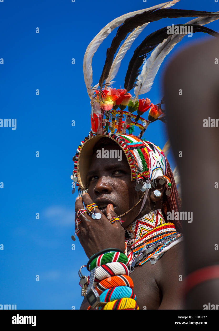 Portrait Of Rendille Warrior Wearing Traditional Headwear, Turkana Lake ...