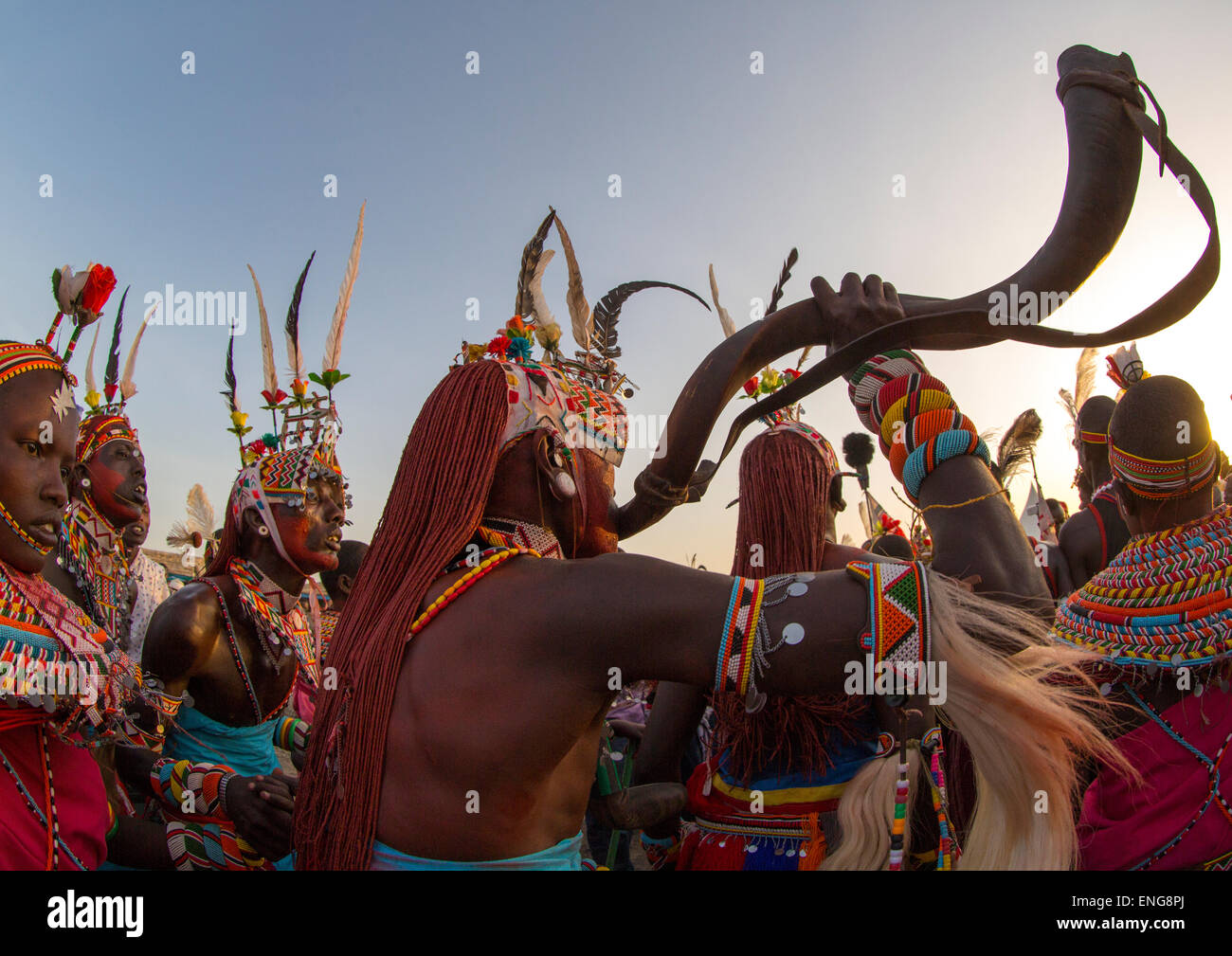 Rendille Tribe Man Blowing In A Horn, Turkana Lake, Loiyangalani, Kenya ...