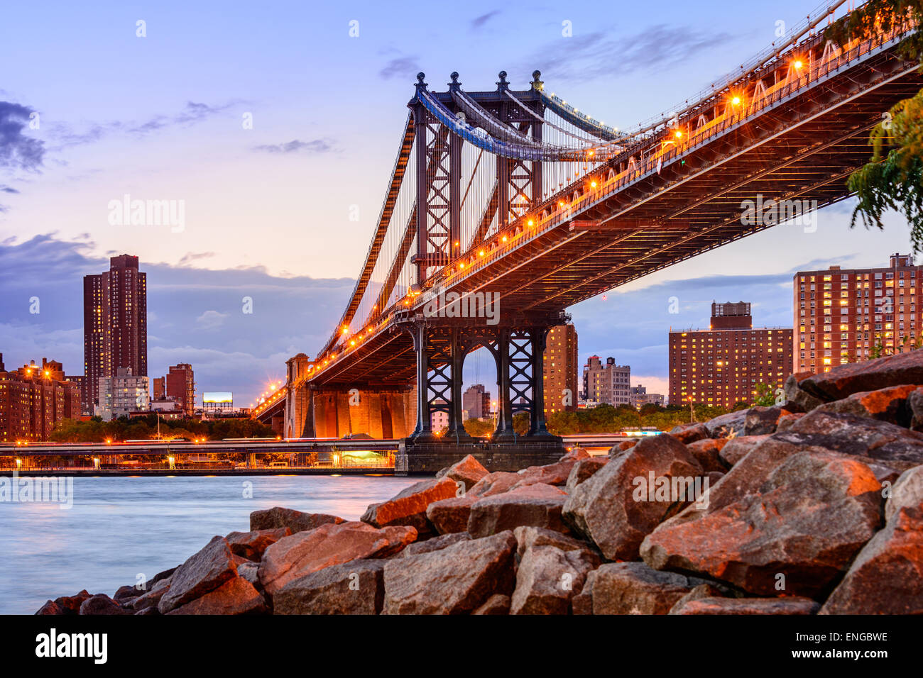 New York City, USA at the Manhattan Bridge spanning the East River ...