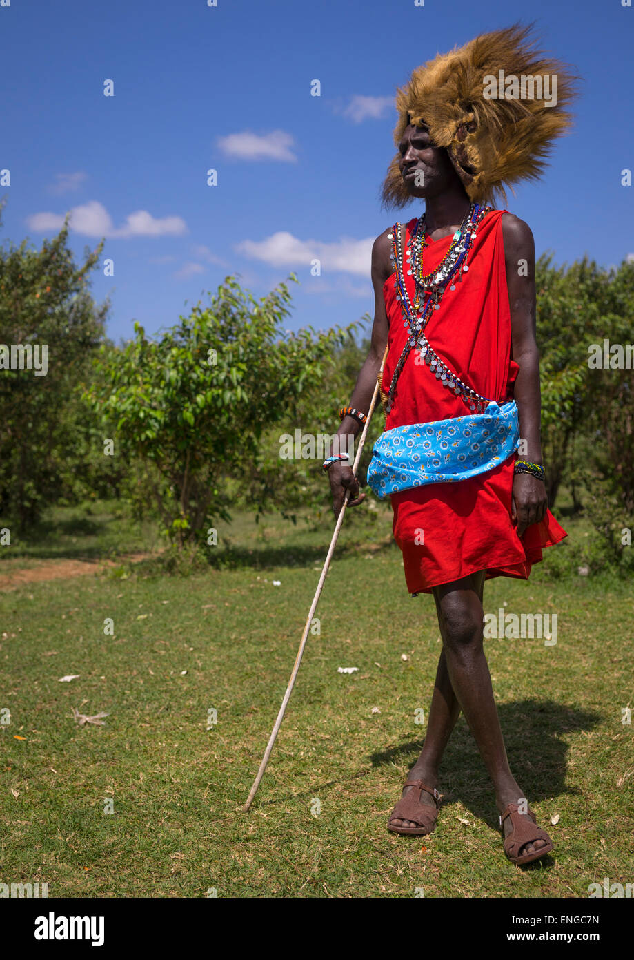 Maasai Warrior With A Lion Hat Fur On The Head, Nakuru County, Nakuru ...