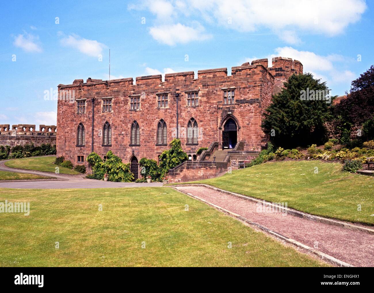 View of the sandstone castle and gardens, Shrewsbury, Shropshire ...