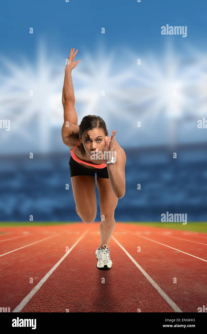 African American sprint runner at starting line of competition Stock ...