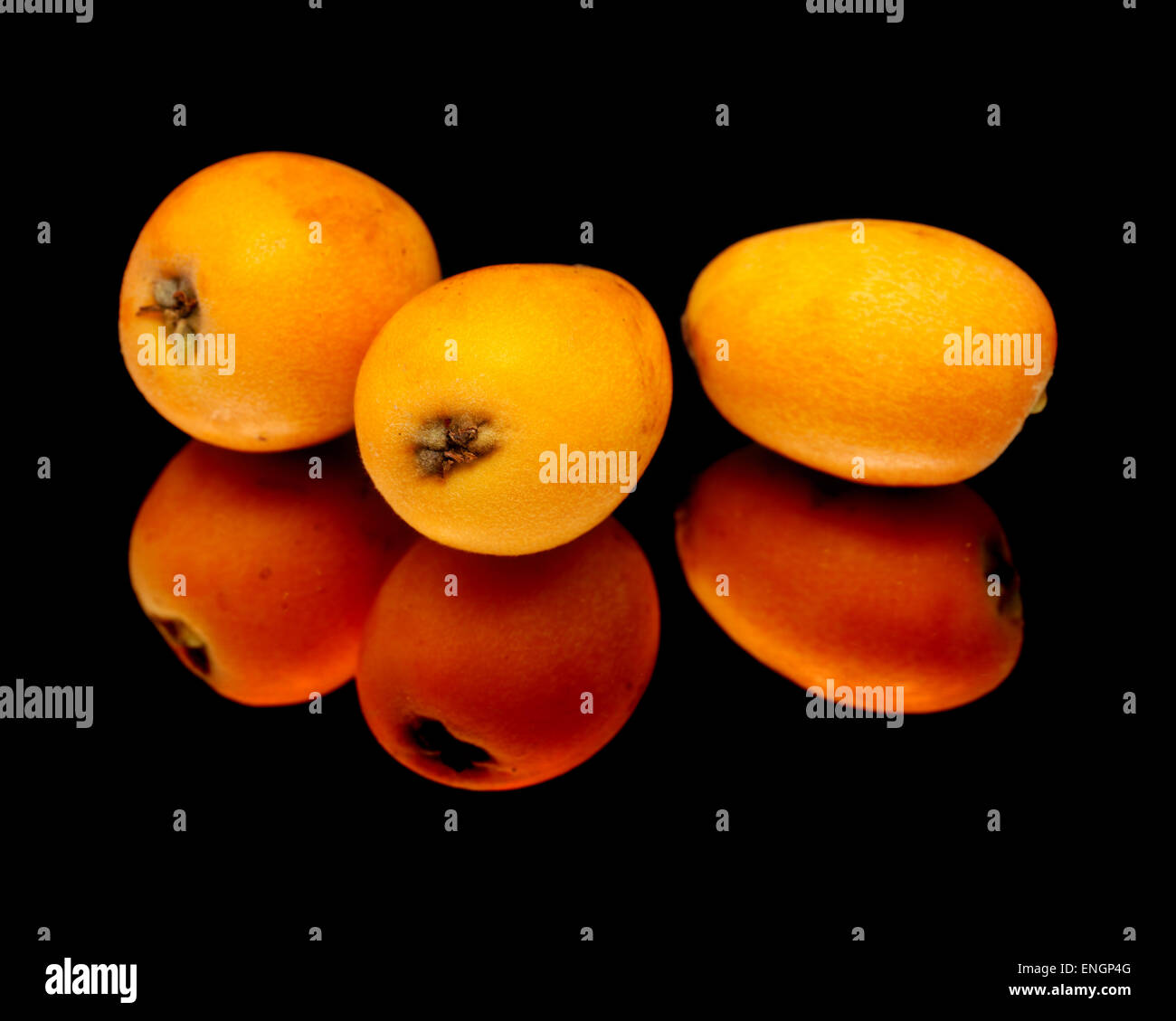 nispero, Japanese medlar fruit, isolated on black mirror background ...