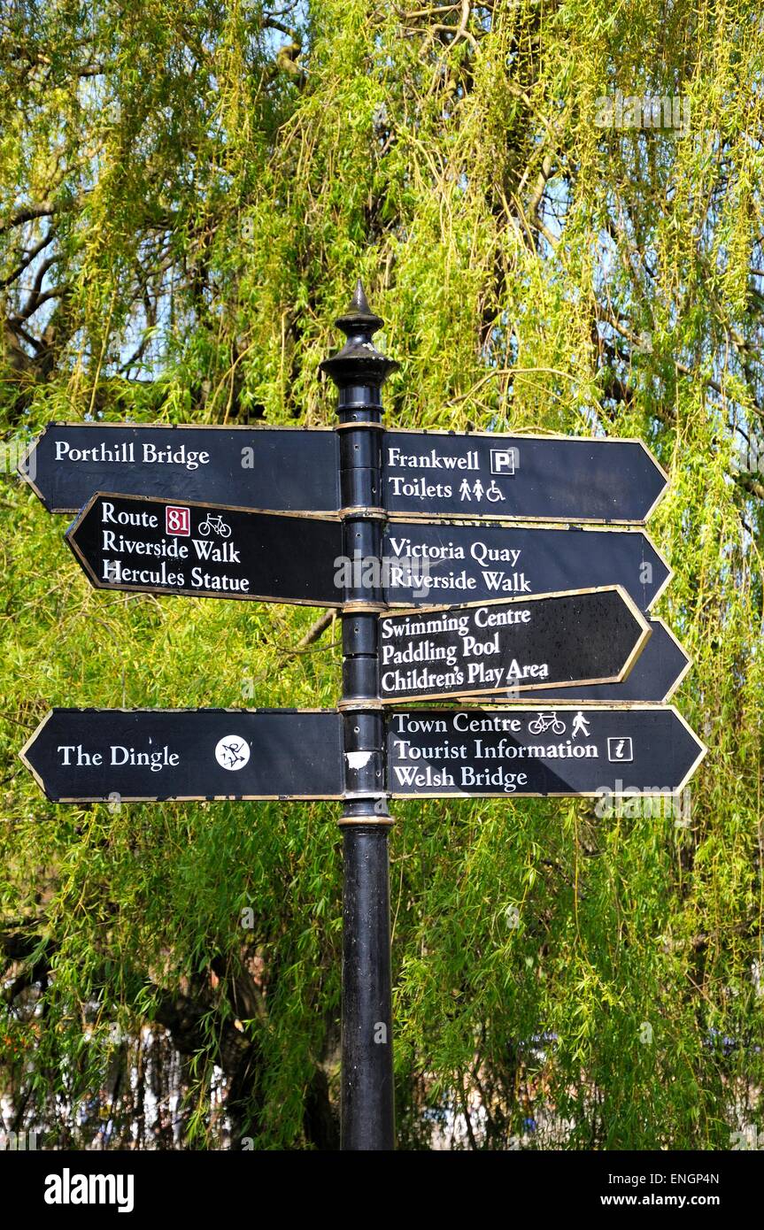 Tourist attraction signpost in Quarry Park, Shrewsbury, Shropshire ...