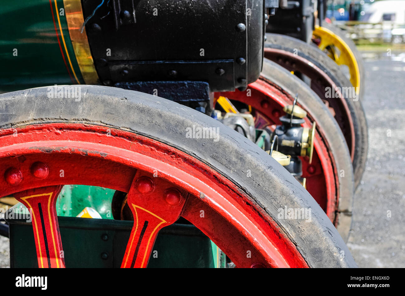 Wheels of traction engines at a steam fair Stock Photo - Alamy