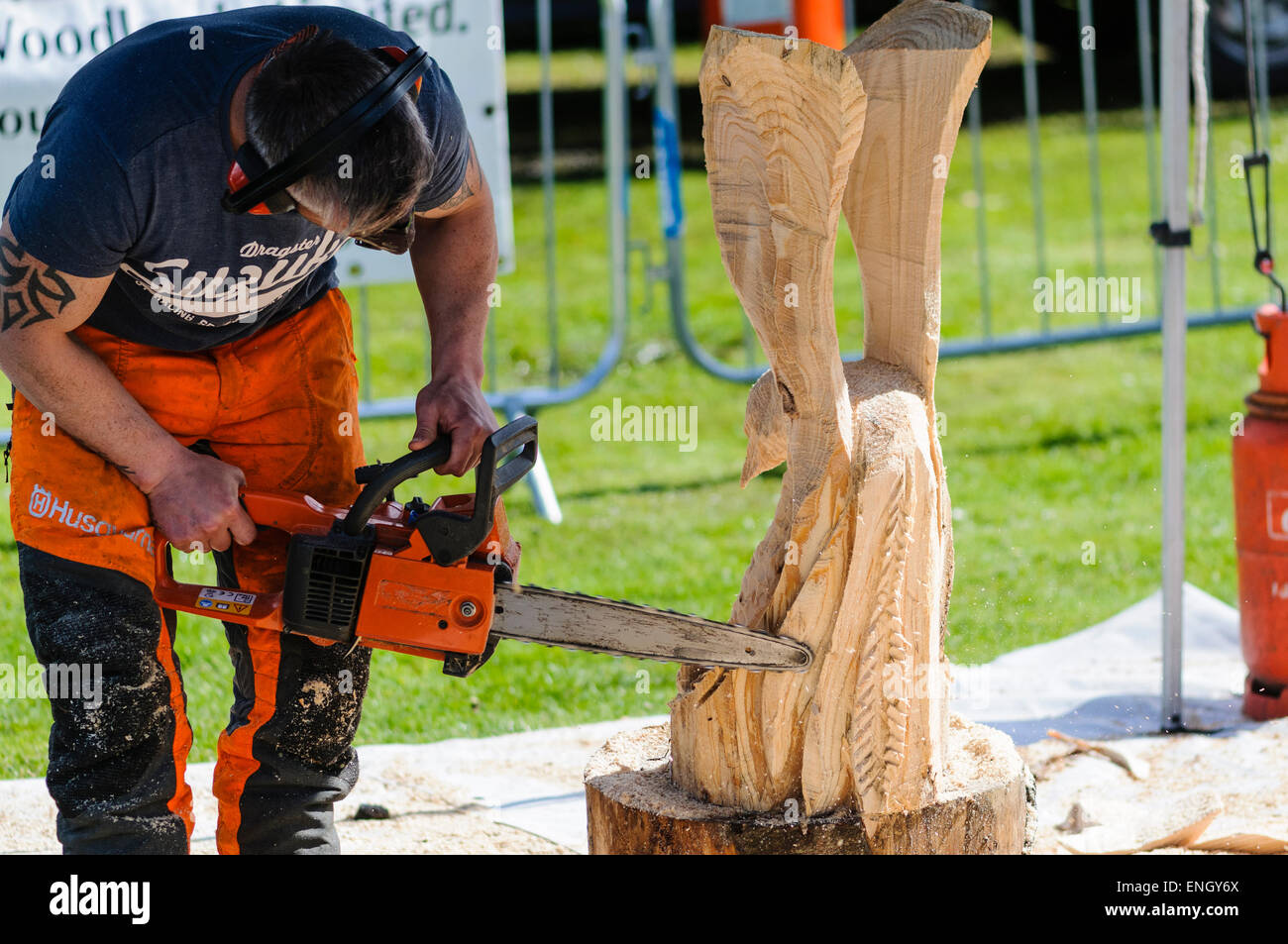 A man uses a chainsaw to carve a large eagle from a tree trunk Stock ...