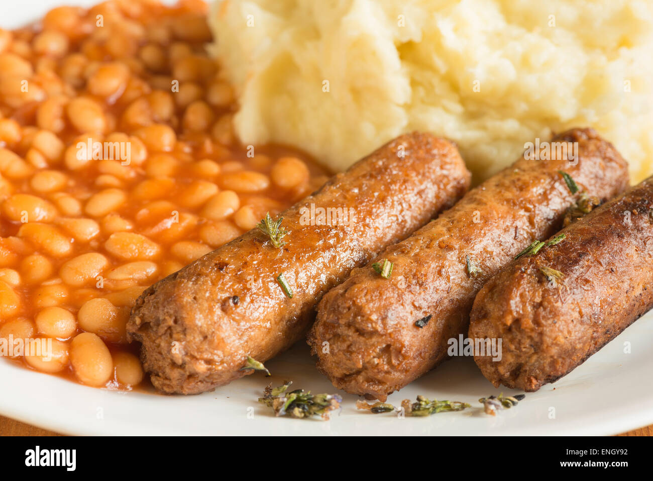 traditional bangers mash and baked beans but vegetarian style twist on ...