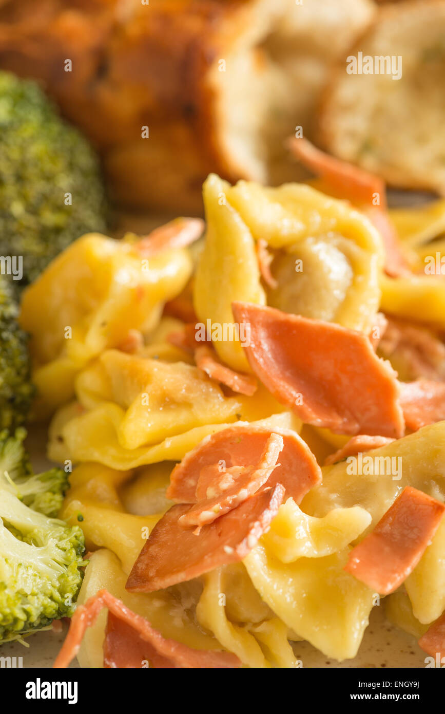 Tortellini pasta with cheese sauce, broccoli garlic bread and ...