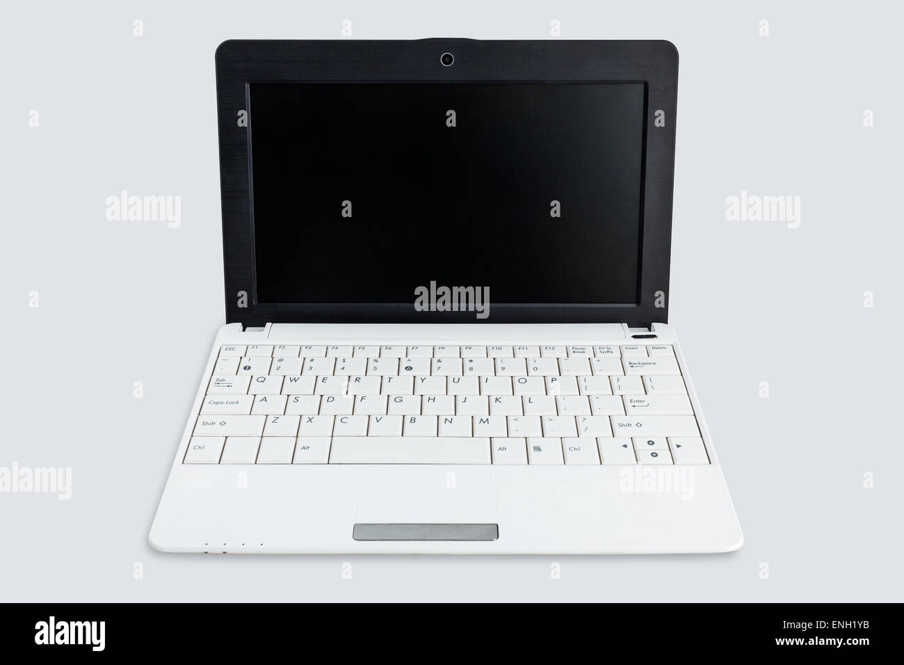 Netbook with white keyboard and black screen isolated on the white ...