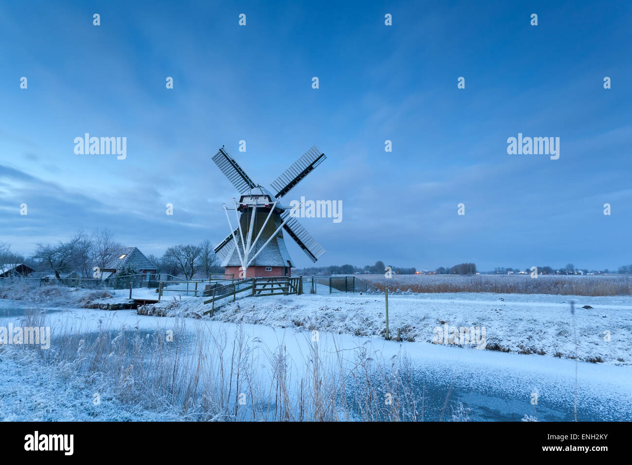 windmill in dusk during winter morning, Netherlands Stock Photo - Alamy