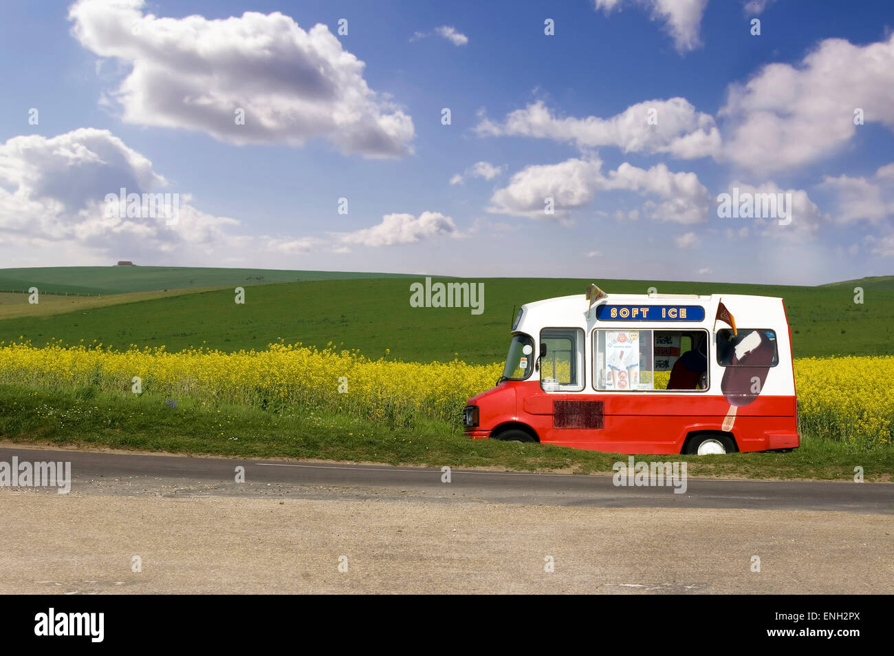 Rolling British countryside with an ice cream van Stock Photo - Alamy