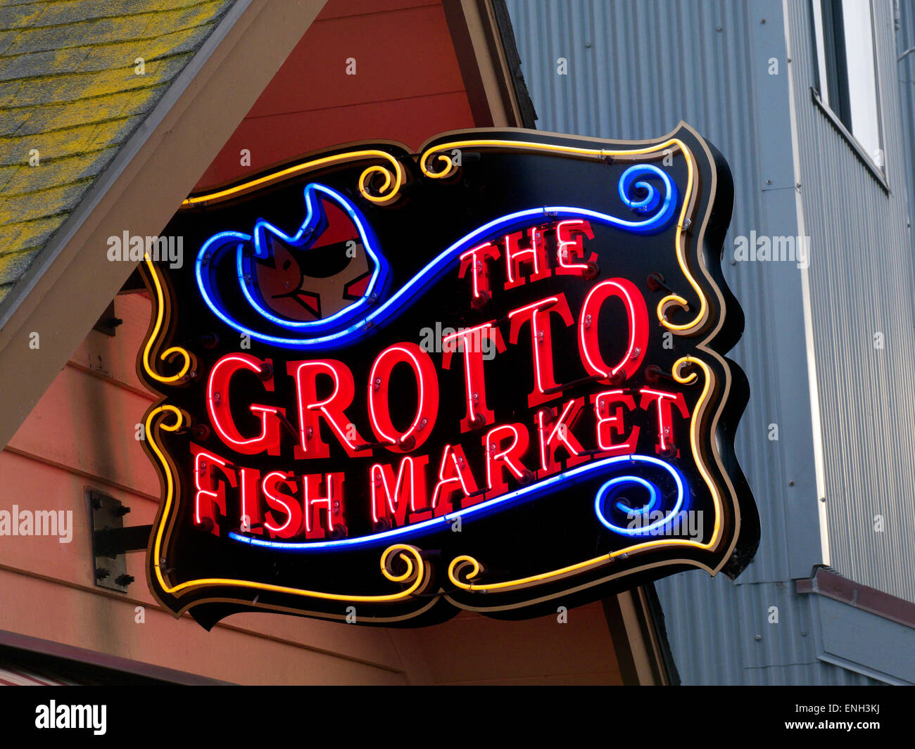 Neon sign for The Grotto fish market restaurant on Monterey Pier ...
