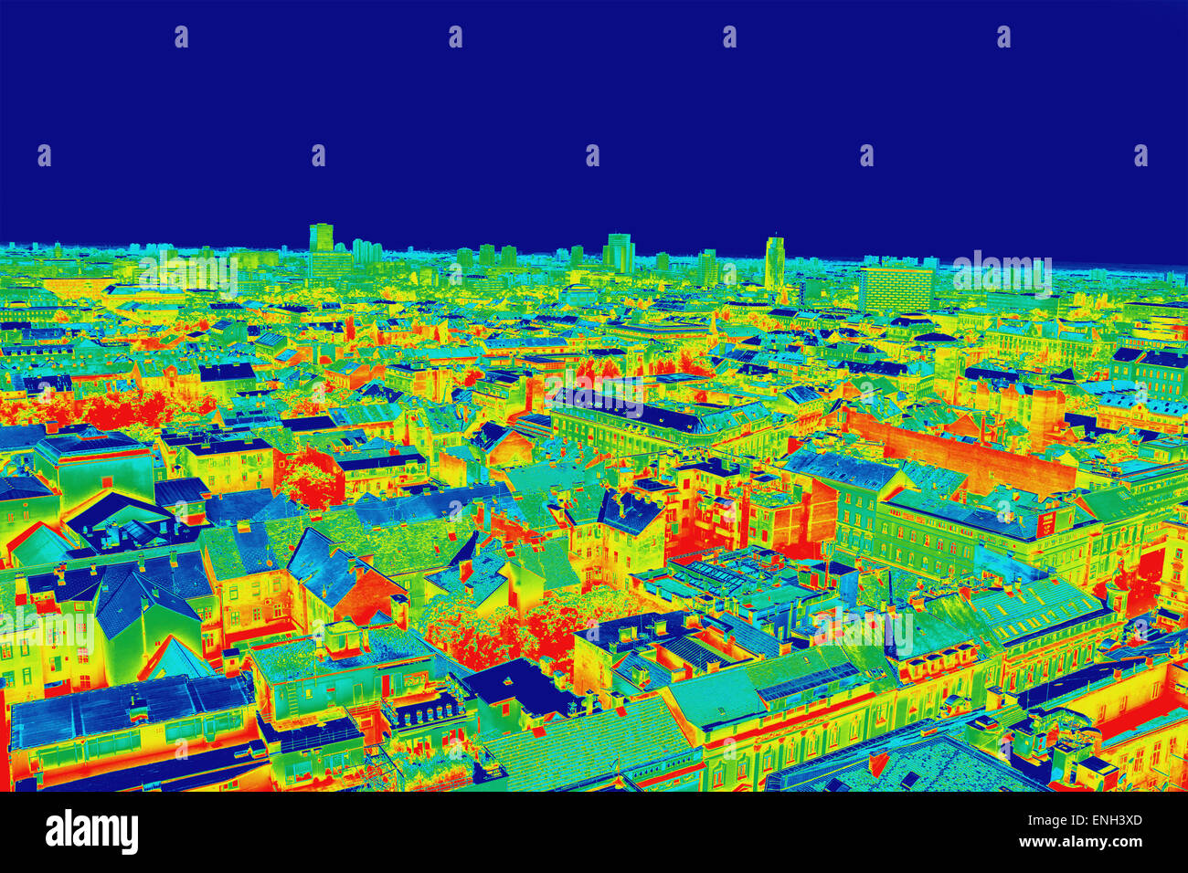 Infrared thermovision image panorama of Zagreb, showing difference ...