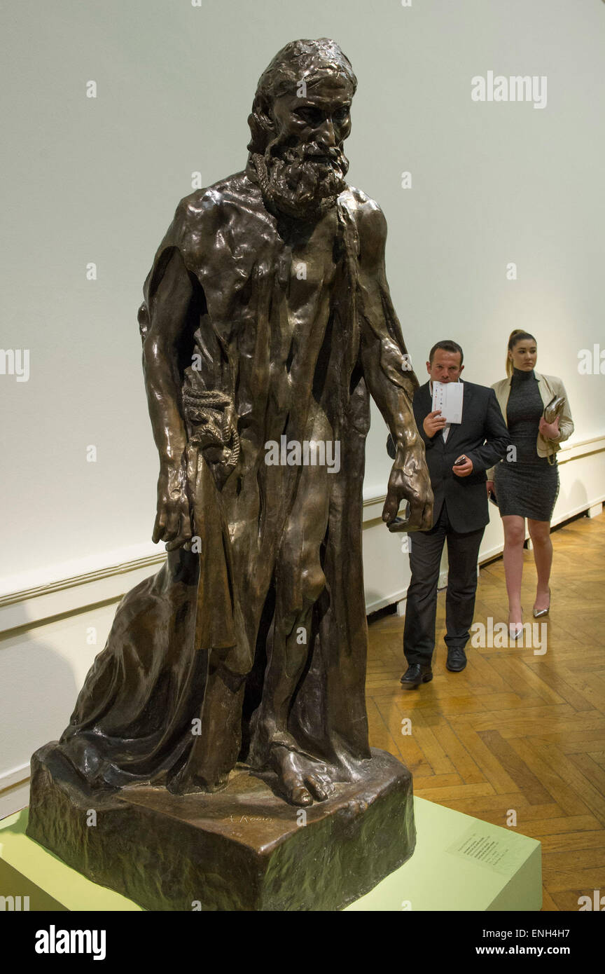 Zagreb, Croatia. 5th May, 2015. Visitors look at a piece of works made ...