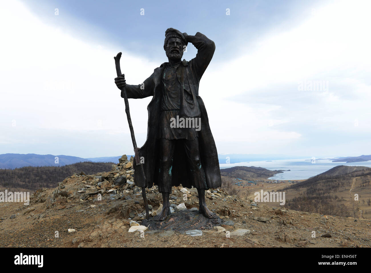 Statue of a great Buryat warrior overlooking lake Baikal in Siberia ...