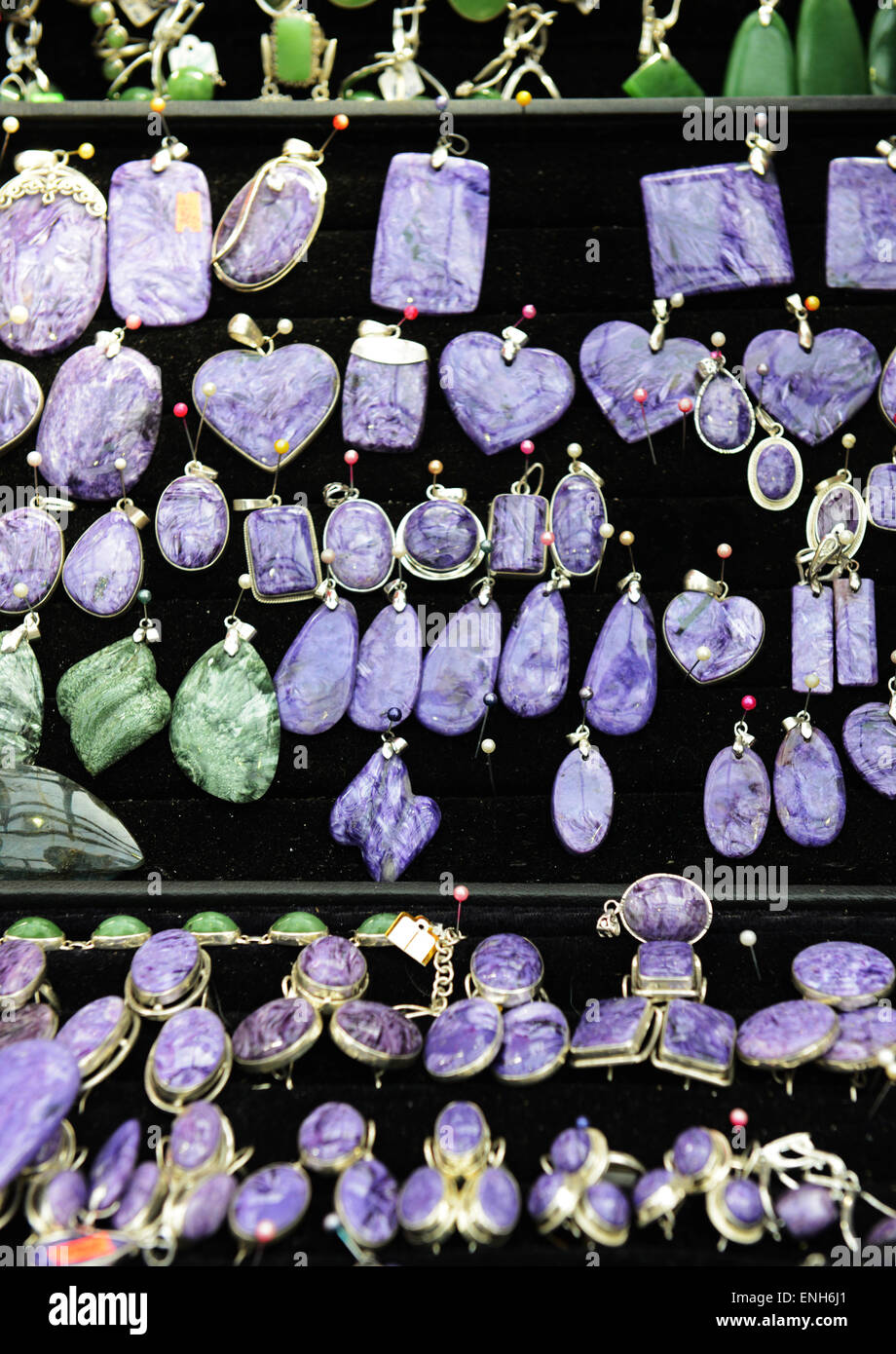 Charoite stone jewelery sold near lake Baikal in Russia Stock Photo - Alamy
