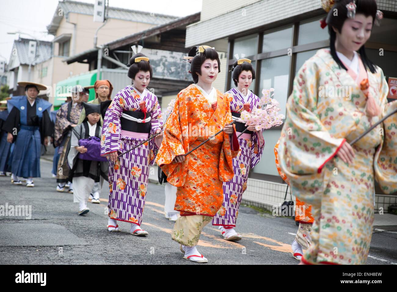 Japanese women dressed in traditional period kimono take part in a ...