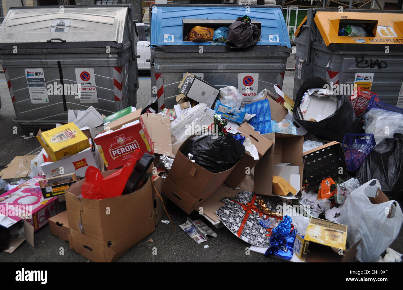 Bologna, Italy: garbage in excess after Christmas Stock Photo - Alamy