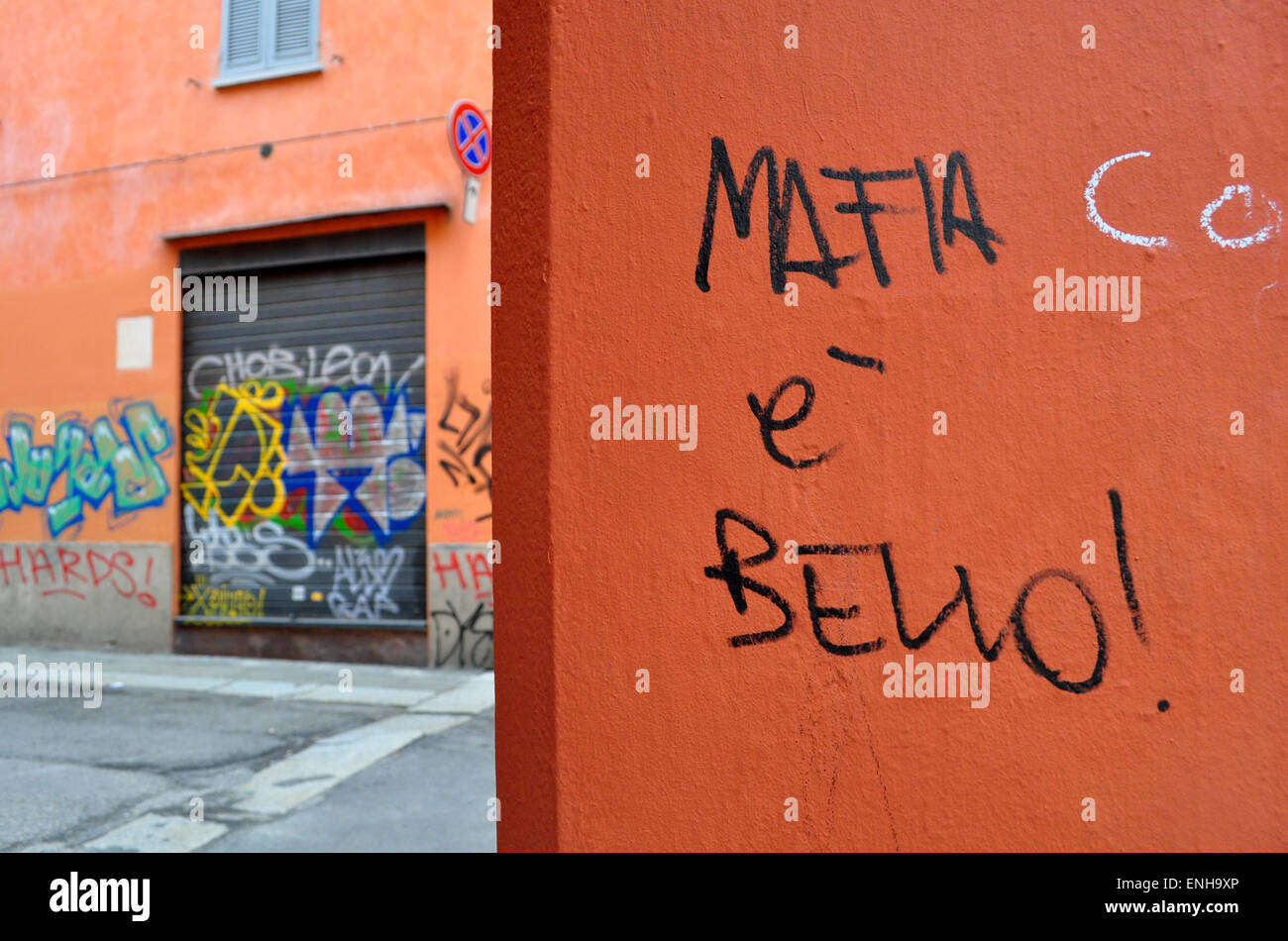 Bologna, Italy: urban graffiti (Mafia is beautiful! Stock Photo - Alamy