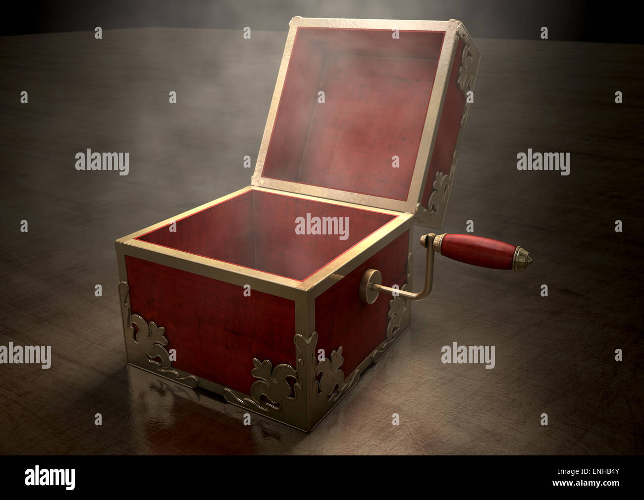 An ornate antique open jack-in-the-box mad of red wood and gold ...