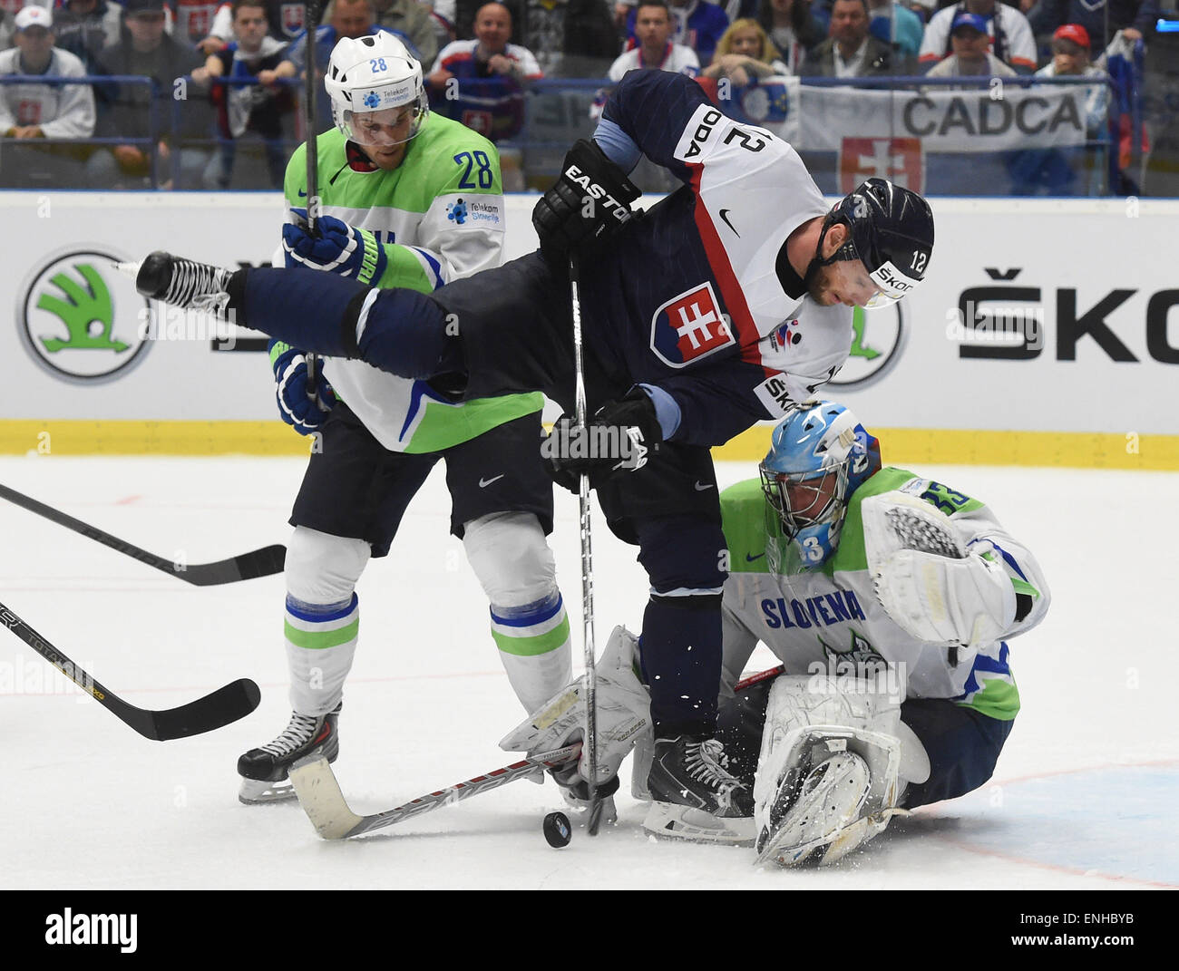 From left Slovenian defender Ales Kranjc, Slovakian forward Marian ...