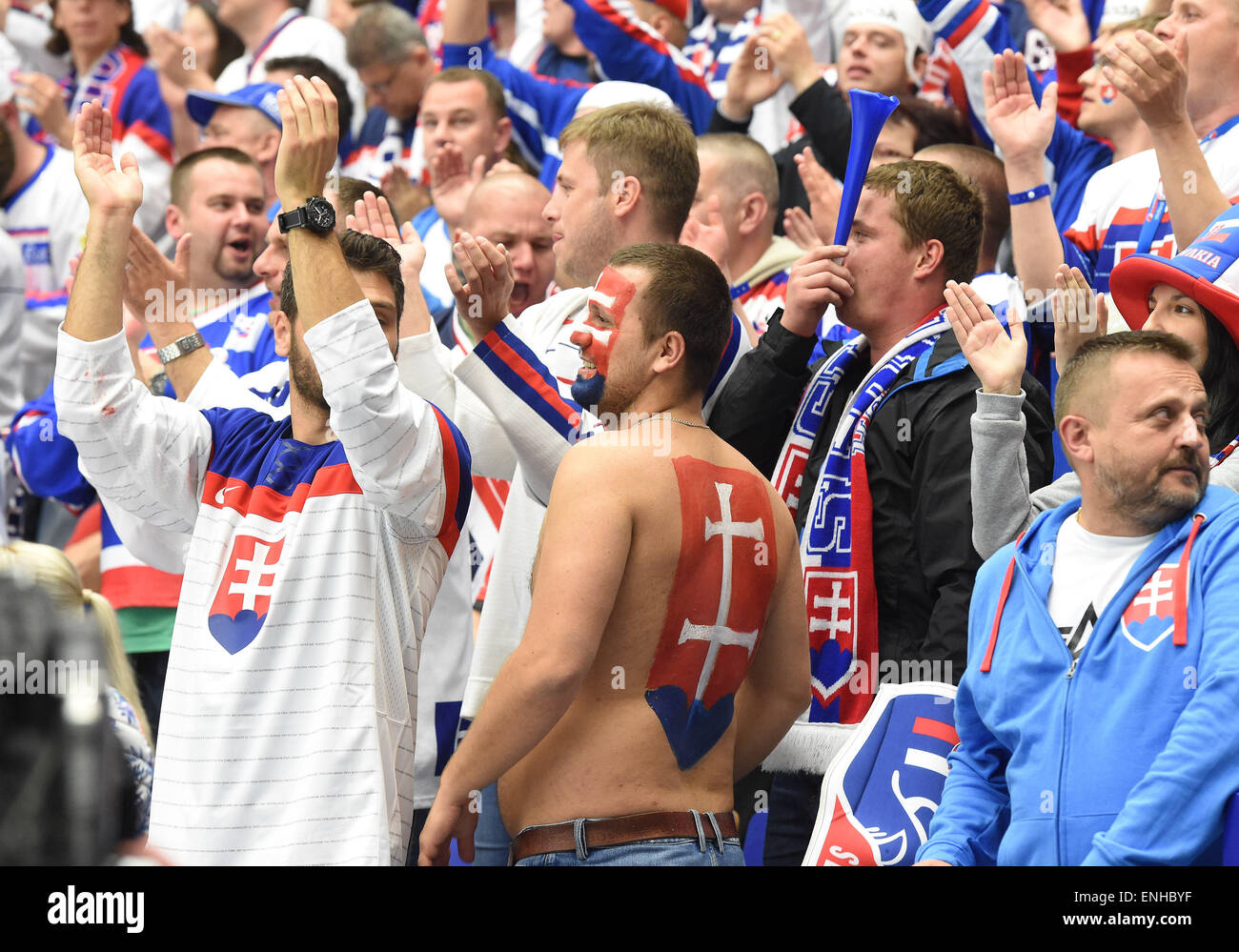Fans of Slovakia celebrate victory of Slovak team during the Ice Hockey ...