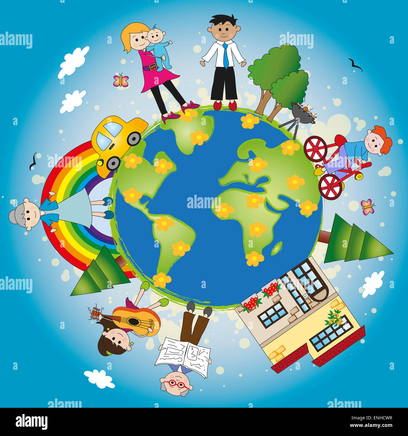 illustration of happy family around the world Stock Photo - Alamy
