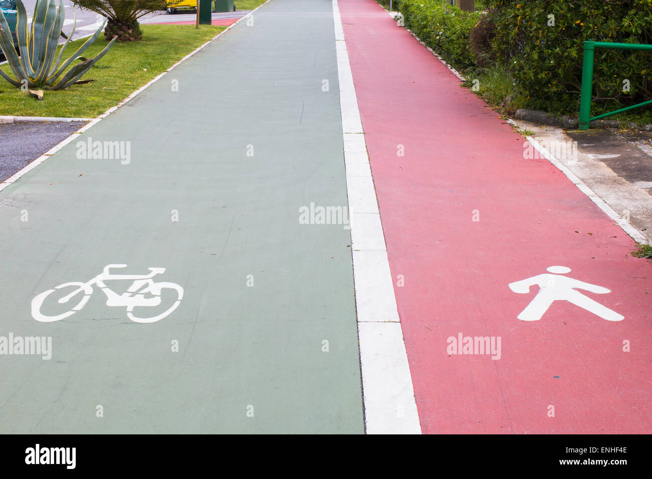 bicycle and pedestrians reserved lanes made of green and red asphalt in ...