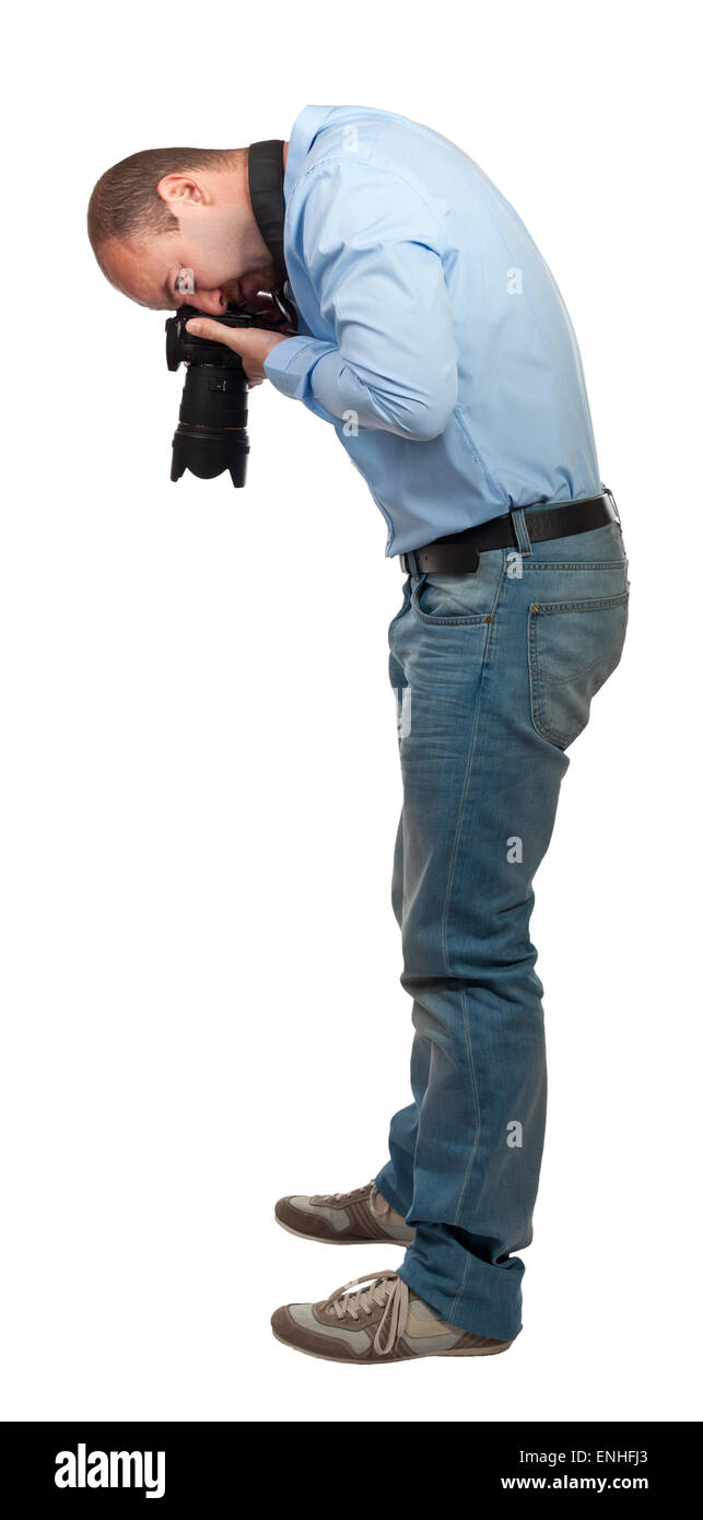 portrait of photografer point camera on his feet Stock Photo - Alamy