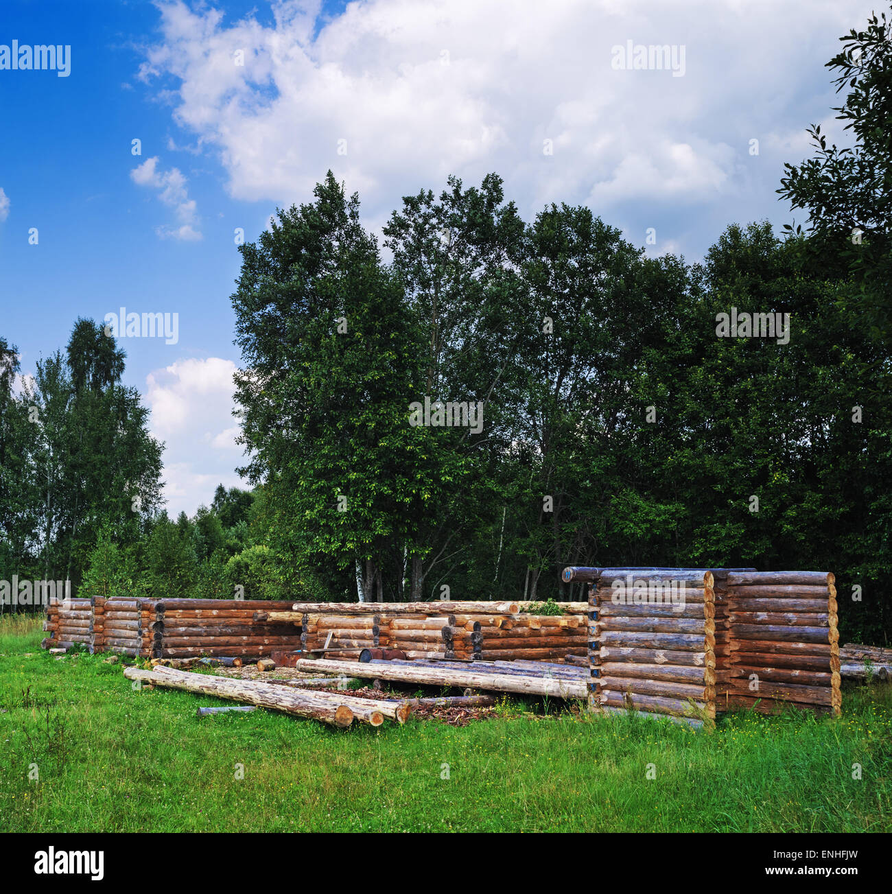 Village landscape with log-house Stock Photo - Alamy