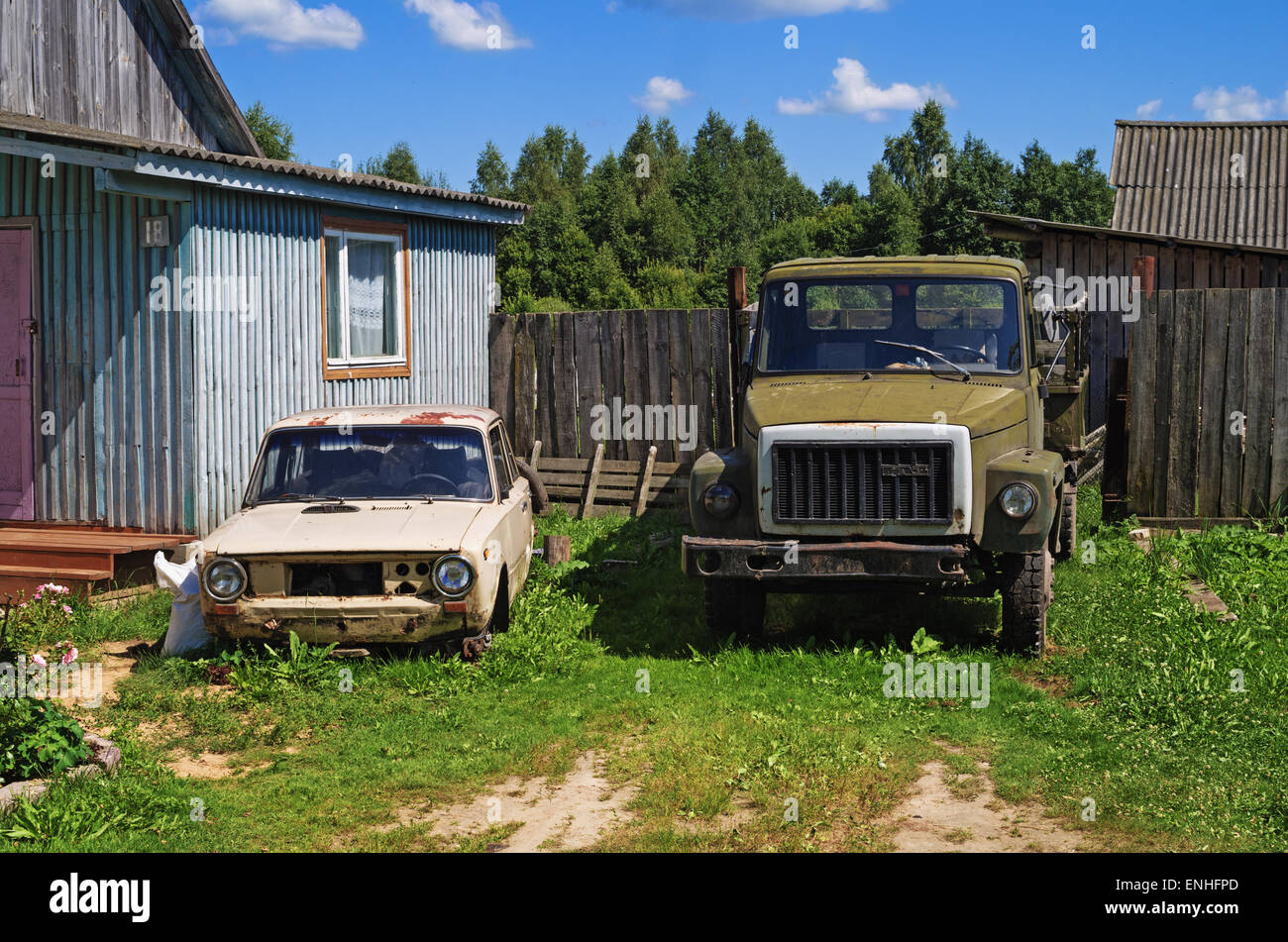 Village house yard - old cars Stock Photo - Alamy